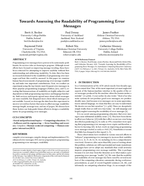 (PDF) Towards Assessing the Readability of Programming Error Messages