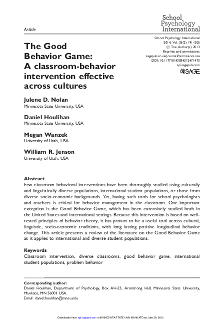 (PDF) The Good Behavior Game: A classroom-behavior intervention ...