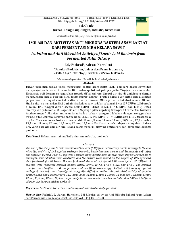 (PDF) Isolasi Dan Aktivitas Anti Mikroba Bakteri Asam Laktat Dari Fermentasi Nira Kelapa Sawit
