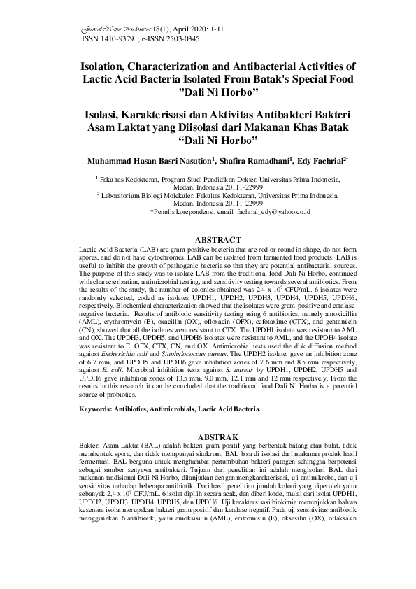 (PDF) Isolation, Characterization and Antibacterial Activities of Lactic Acid Bacteria Isolated ...