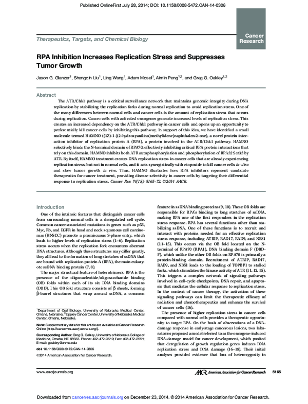 (PDF) RPA inhibition increases replication stress and suppresses tumor ...