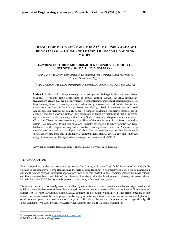 Pdf A Real Time Face Recognition System Using Alexnet Deep Convolutional Network Transfer