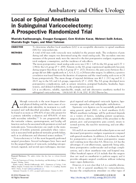 (PDF) Local or Spinal Anesthesia in Subinguinal Varicocelectomy: A ...
