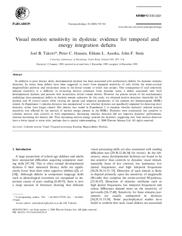 (PDF) Visual motion sensitivity in dyslexia: evidence for temporal and ...