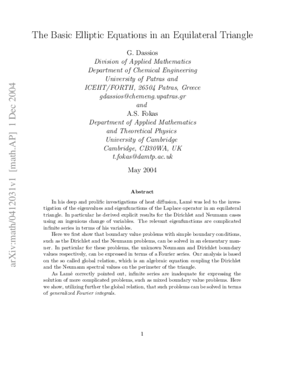 (PDF) The basic elliptic equations in an equilateral triangle