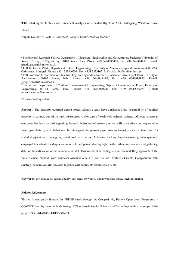 Pdf Shaking Table Tests And Numerical Analyses On A Scaled Dry Joint Arch Undergoing Windowed