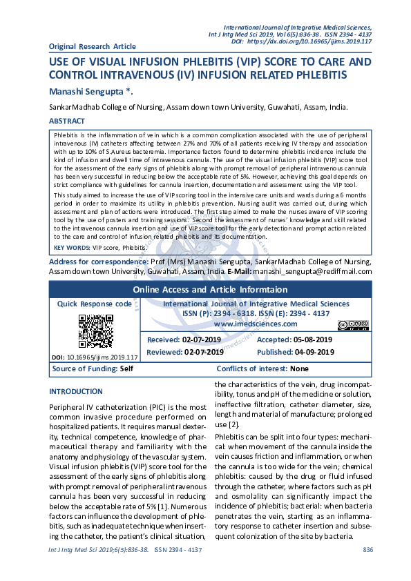 (PDF) Use of Visual Infusion Phlebitis (Vip) Score to Care and Control ...