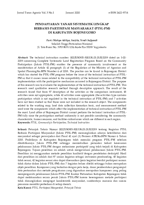 (PDF) Pendaftaran Tanah Sistematis Lengkap Berbasis Partisipasi Masyarakat (PTSL-PM) di ...