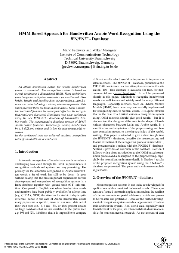 (PDF) HMM based approach for handwritten arabic word recognition using the IFN/ENIT - database
