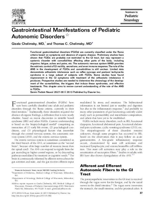 (PDF) Gastrointestinal manifestations of pediatric autonomic disorders