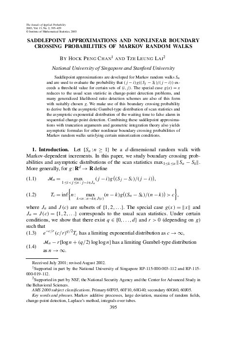 (PDF) Saddlepoint approximations and nonlinear boundary crossing probabilities of Markov random ...