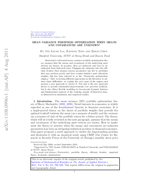 (PDF) Mean–variance portfolio optimization when means and covariances are unknown