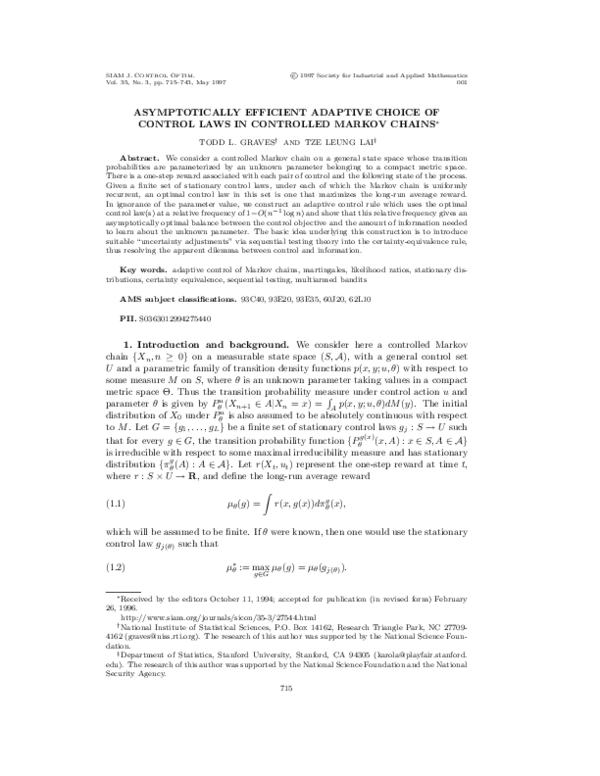 (PDF) Asymptotically Efficient Adaptive Choice of Control Laws inControlled Markov Chains
