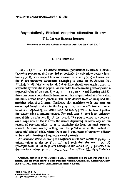 (PDF) Asymptotically efficient adaptive allocation rules