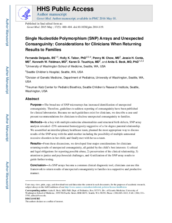 (PDF) Single-nucleotide polymorphism arrays and unexpected ...