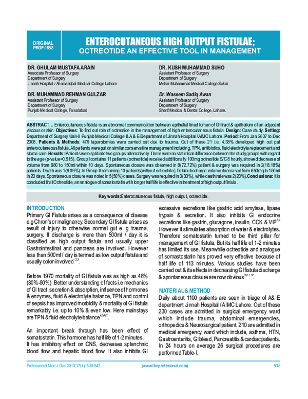 (PDF) Enterocutaneous High Output Fistulae | Waseem Awan - Academia.edu
