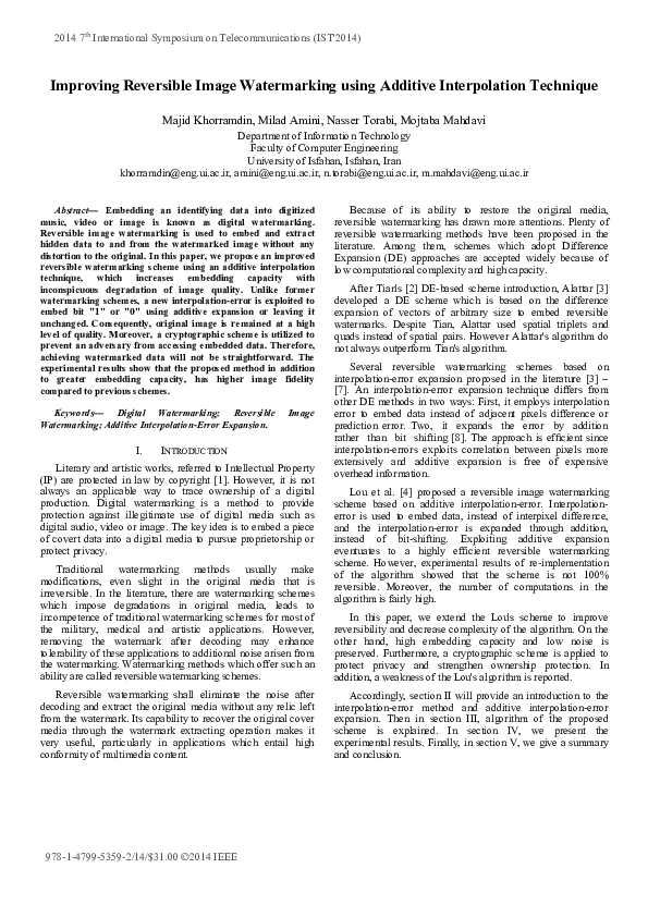 Pdf Improving Reversible Image Watermarking Using Additive