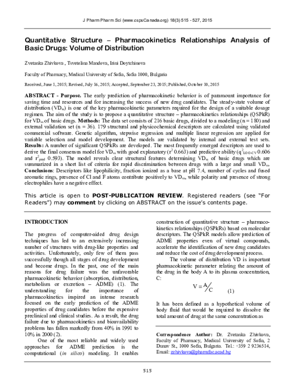(PDF) Quantitative structure-pharmacokinetics relationships: I ...
