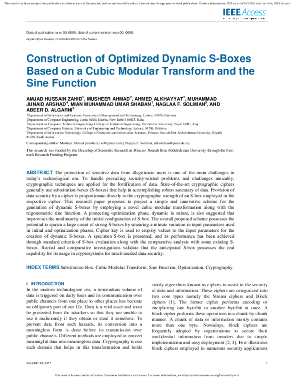 Pdf Construction Of Optimized Dynamic S Boxes Based On A Cubic Modular Transform And The Sine