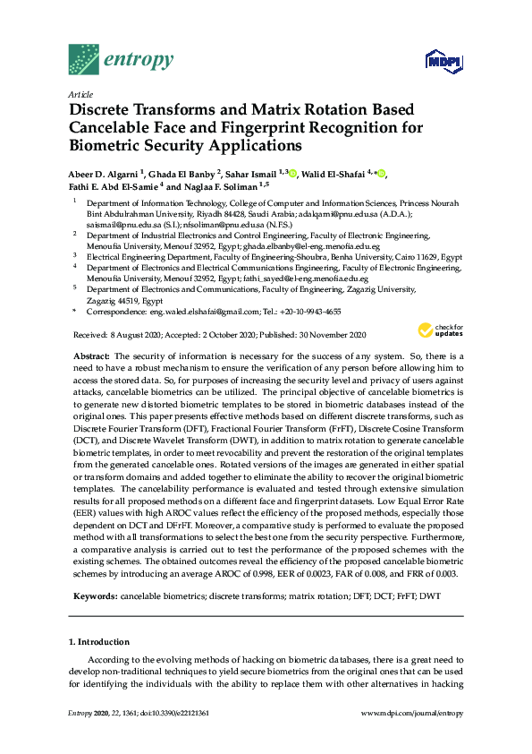 Pdf Discrete Transforms And Matrix Rotation Based Cancelable Face And Fingerprint Recognition