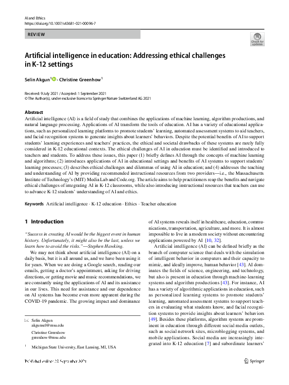 (PDF) Artificial intelligence in education: Addressing ethical ...
