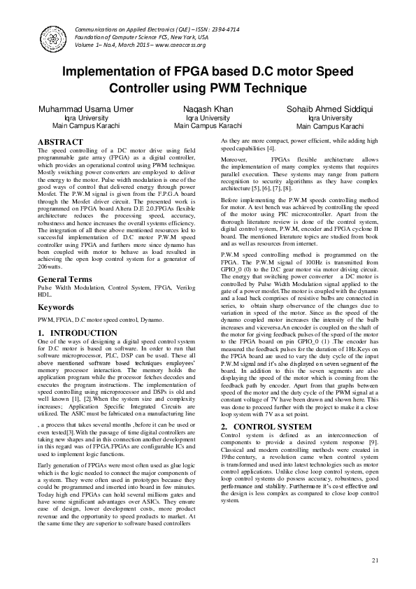 (PDF) Implementation of FPGA based D. C motor Speed Controller using ... (PDF) Implementation of FPGA based D. C motor Speed Controller using ...