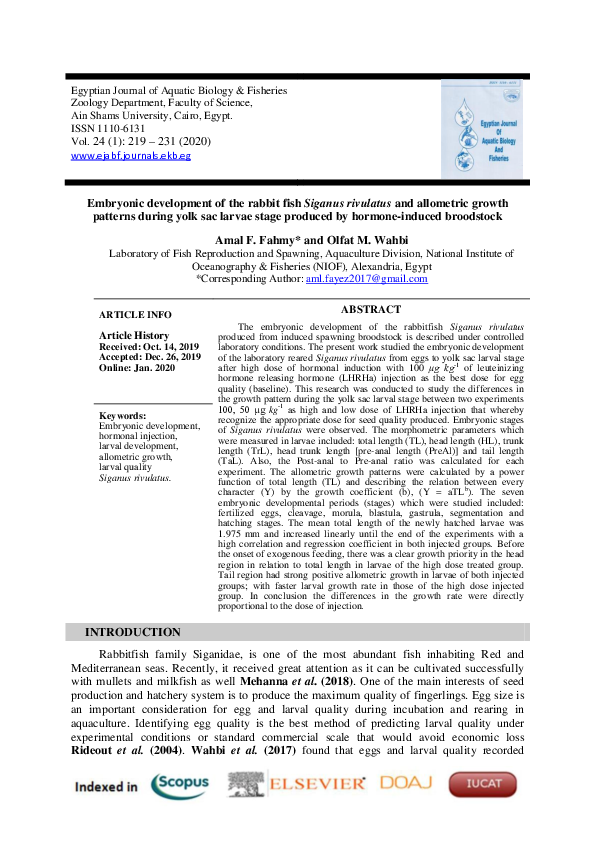 (PDF) Embryonic development of the rabbit fish Siganus rivulatus and ...