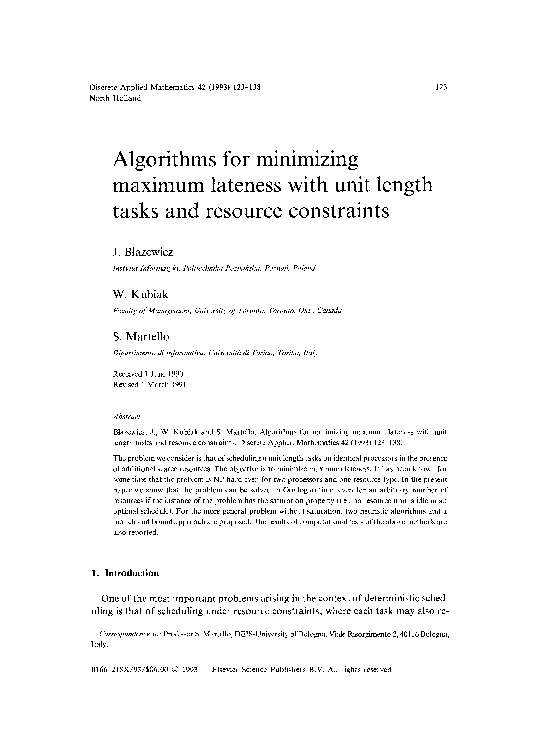 (PDF) Algorithms for minimizing maximum lateness with unit length tasks and resource constraints