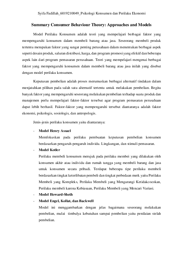 (PDF) Summary Consumer Behaviour Theory: Approaches and Models