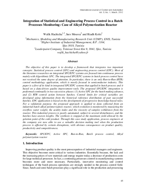 (PDF) Integration of Statistical and Engineering Process Control in a Batch Processes Monitoring ...
