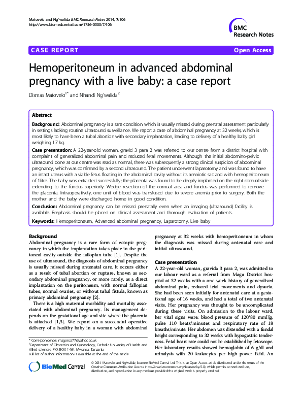 (PDF) Hemoperitoneum in advanced abdominal pregnancy with a live baby ...