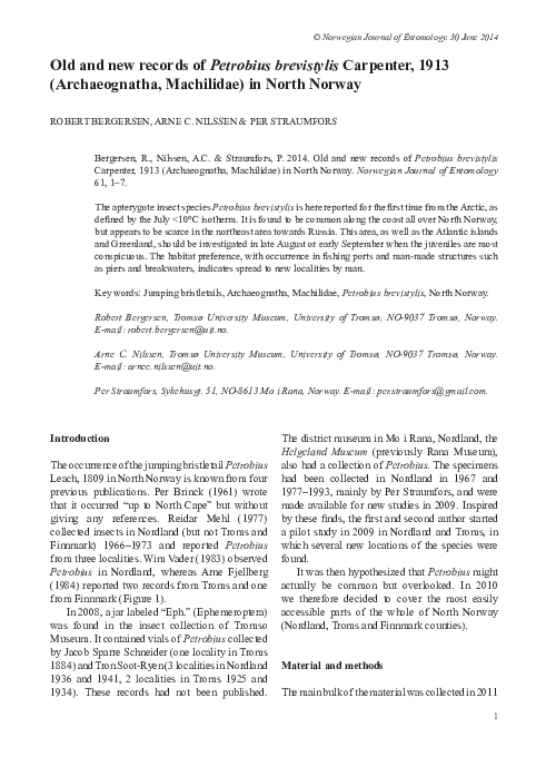 (PDF) Old and new records of Petrobius brevistylis Carpenter, 1913 ...