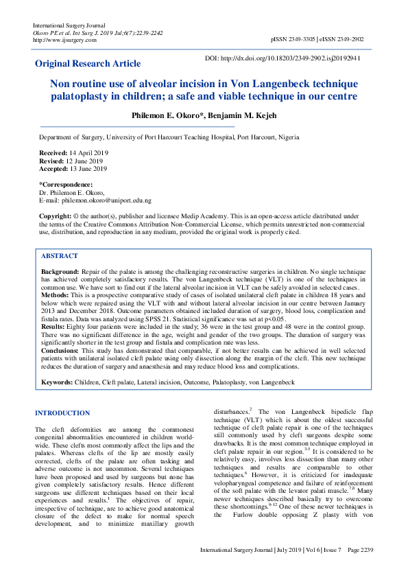 (PDF) Non routine use of alveolar incision in Von Langenbeck technique ...