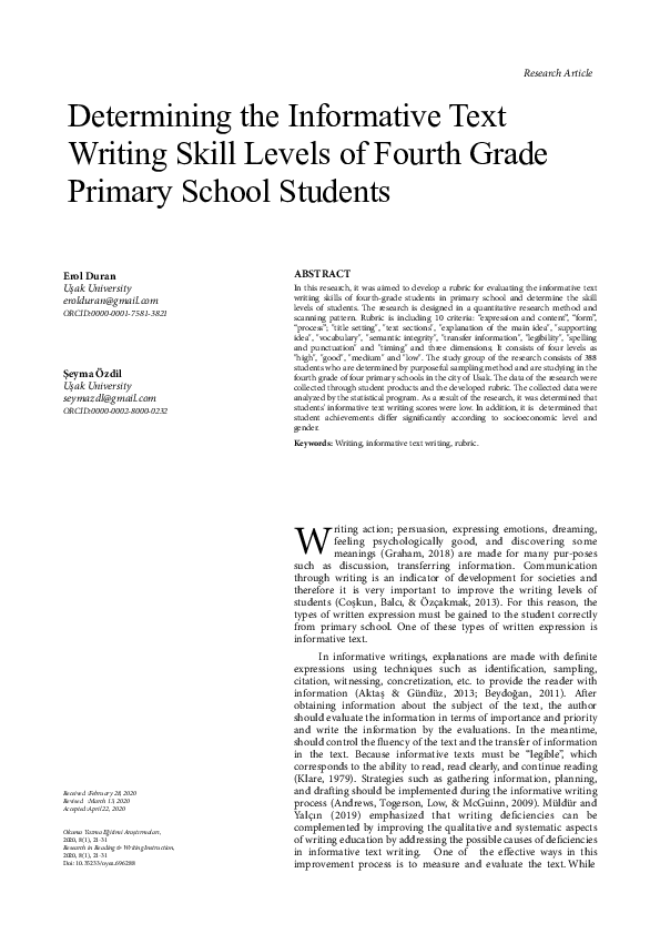 (PDF) Determining the Informative Text Writing Skill Levels of Fourth ...