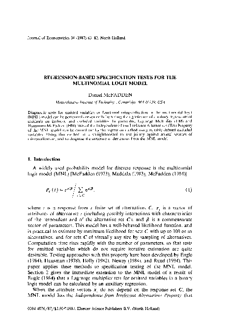 Pdf Regression Based Specification Tests For The Multinomial Logit Model