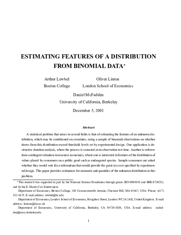 (PDF) Estimating features of a distribution from binomial data | Daniel McFadden - Academia.edu
