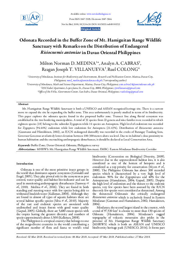 (PDF) Odonata Recorded in the Buffer Zone of Mt. Hamiguitan Range ...
