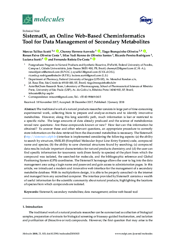 (PDF) SistematX, an Online Web-Based Cheminformatics Tool for Data Management of Secondary ...