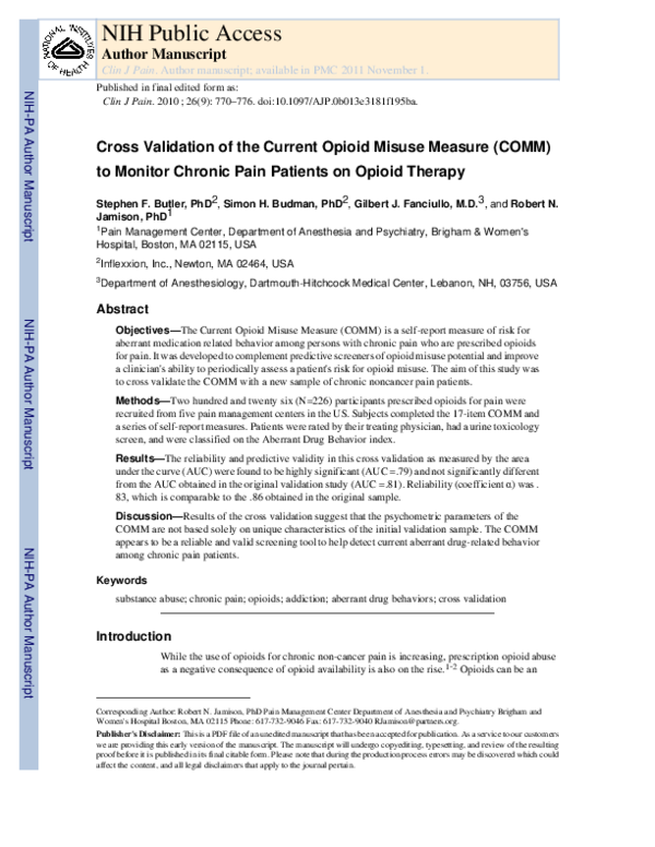 (PDF) Cross Validation of the Current Opioid Misuse Measure to Monitor ...