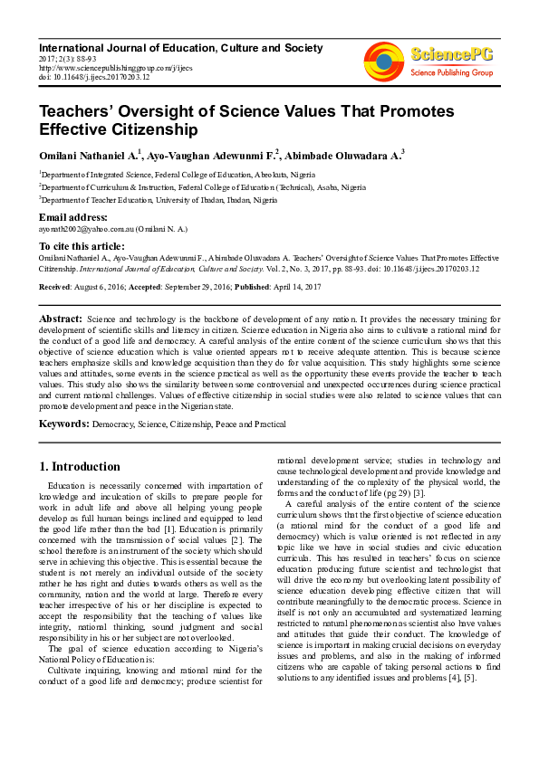 (PDF) Teachers’ Oversight of Science Values That Promotes Effective ...