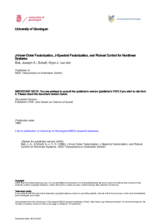 (PDF) J-inner-outer factorization, J-spectral factorization, and robust control for nonlinear ...