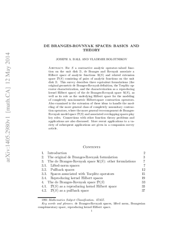 (PDF) de Branges–Rovnyak Spaces: Basics and Theory