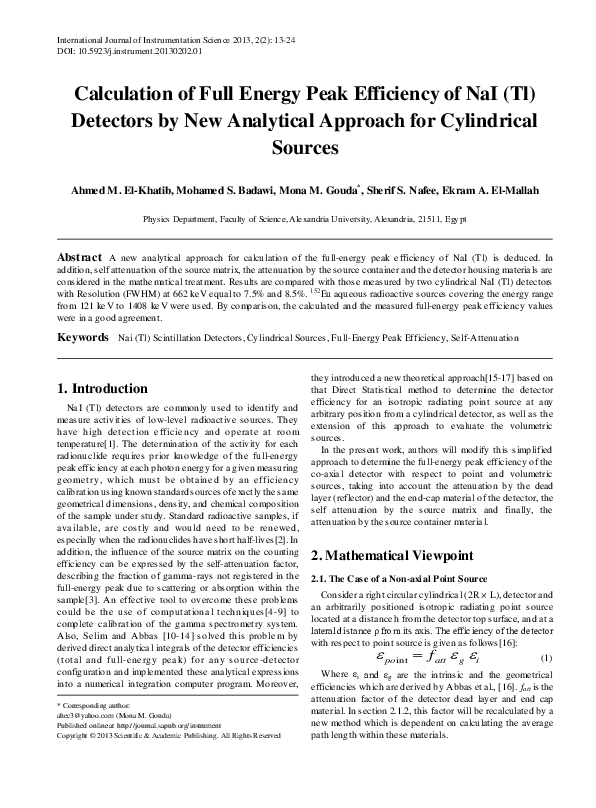(PDF) Calculation of Full Energy Peak Efficiency of NaI (Tl) Detectors by New Analytical ...