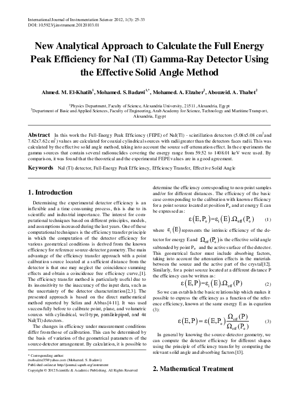 (PDF) New Analytical Approach to Calculate the Full Energy Peak Efficiency for NaI (Tl) Gamma ...