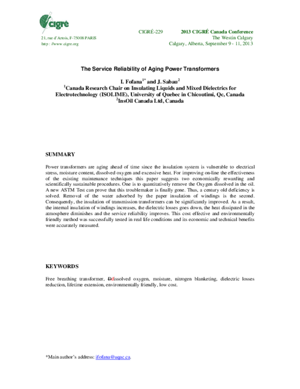 (PDF) The Service Reliability of Aging Power Transformers