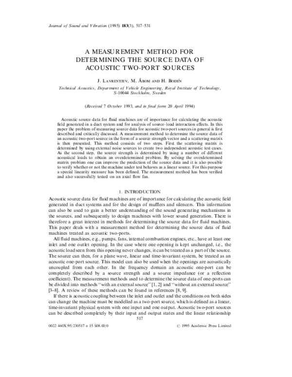 Pdf A Measurement Method For Determining The Source Data Of Acoustic Two Port Sources