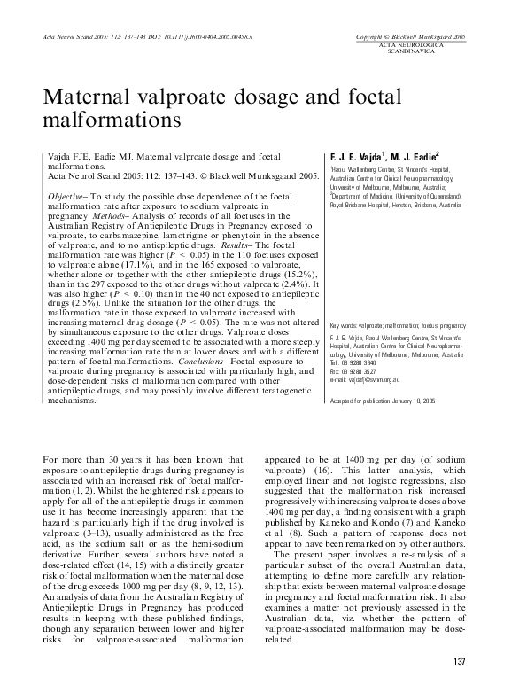 Maternal valproate dosage and foetal malformations