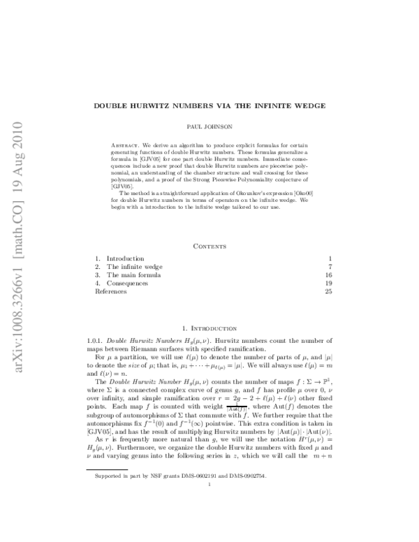 (PDF) Double Hurwitz numbers via the infinite wedge