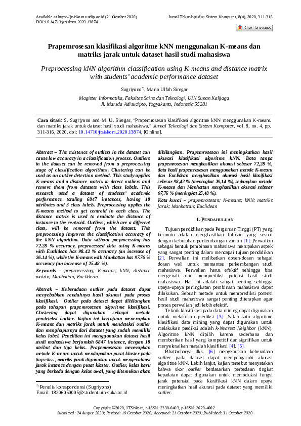 Pdf Preprocessing Knn Algorithm Classification Using K Means And