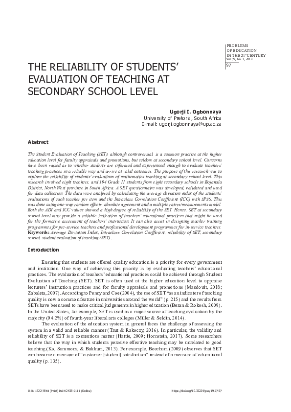 (PDF) The Reliability of Students’ Evaluation of Teaching at Secondary ...